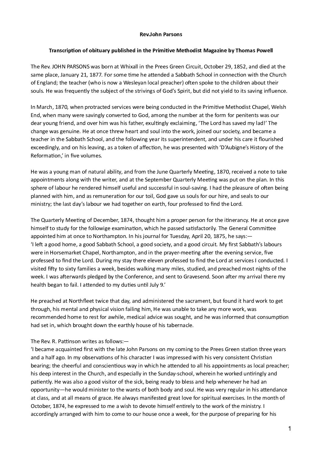 Parsons, John (1852-1877) | Surnames beginning with P | My Primitive ...