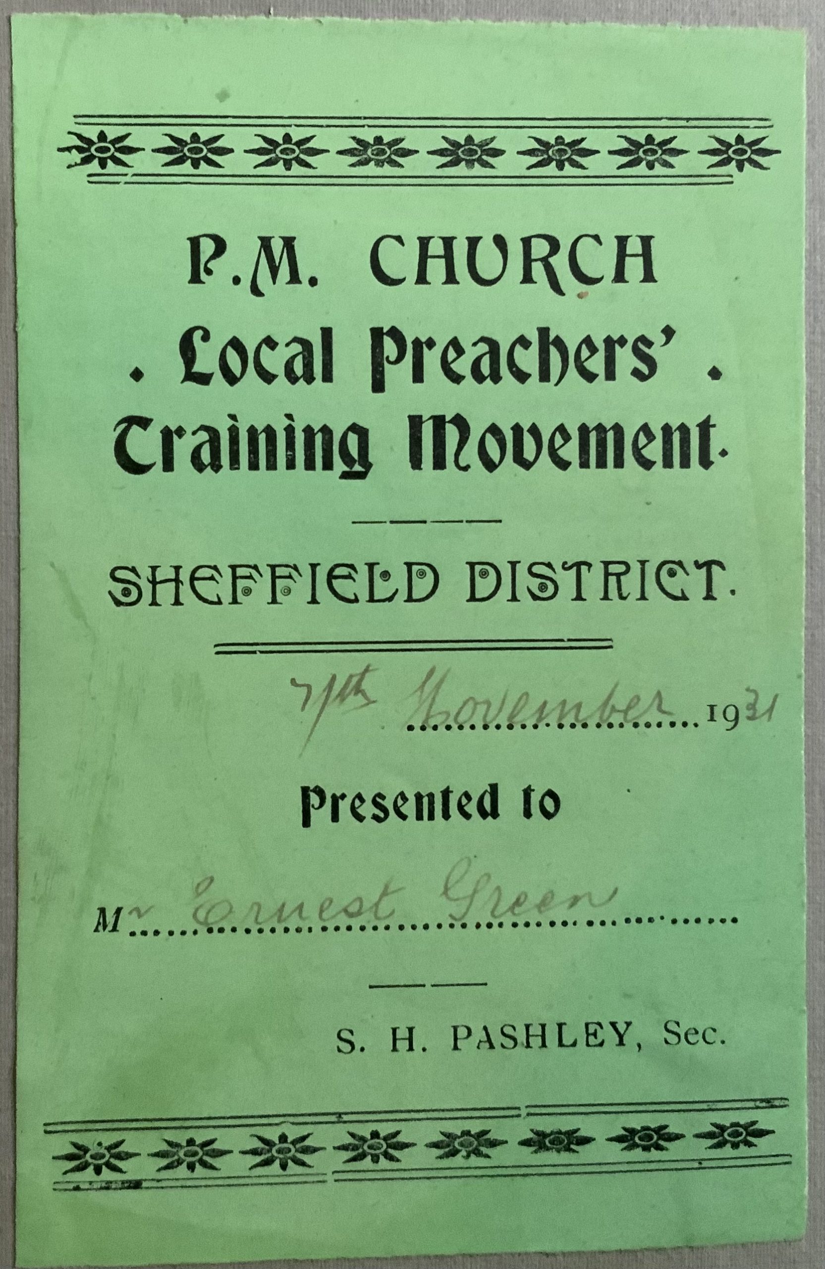 Primitive Methodist Sheffield District Local Preachers book label ...