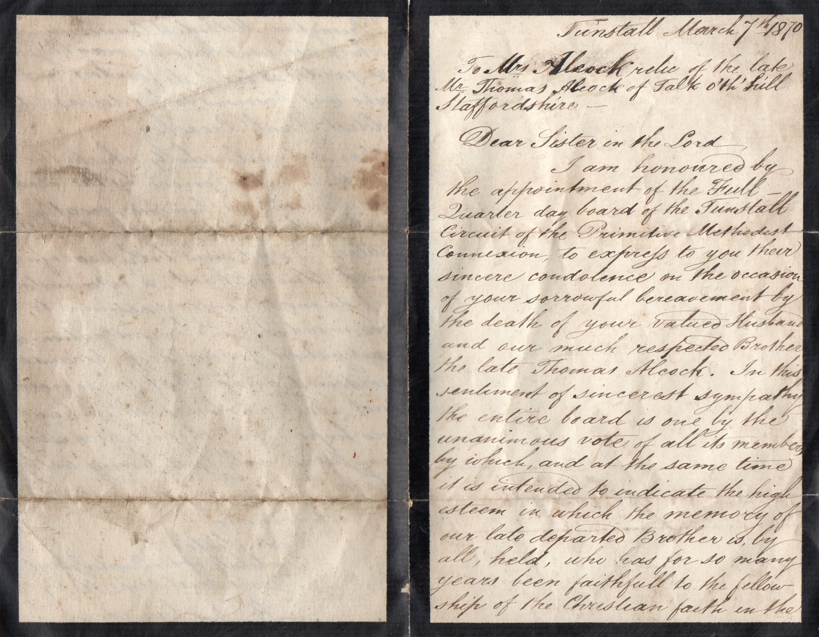 Letter of condolence on the death of Thomas Alcock to Mary his wife ...